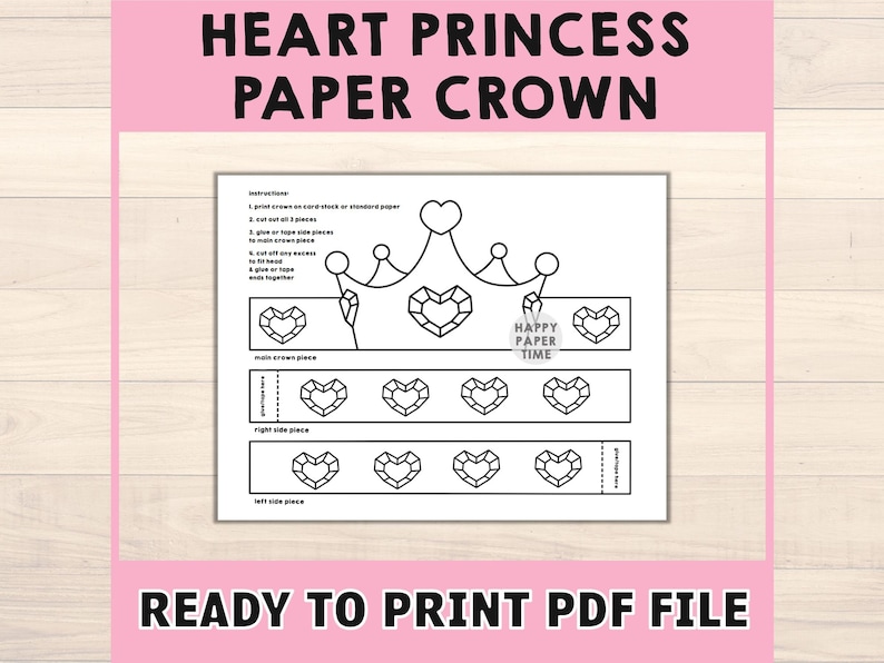 Heart Princess Paper Crown Craft Headband Party Activity Printable Kids ...