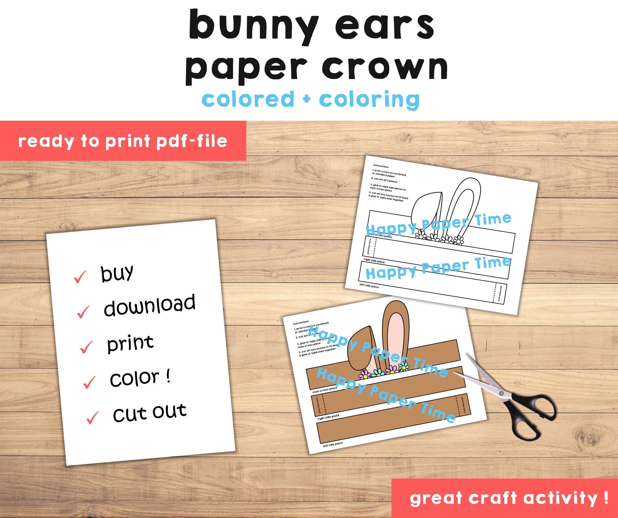 Easter Bunny Ears Paper Crown Coloring Headband Easter Cut Out Party ...