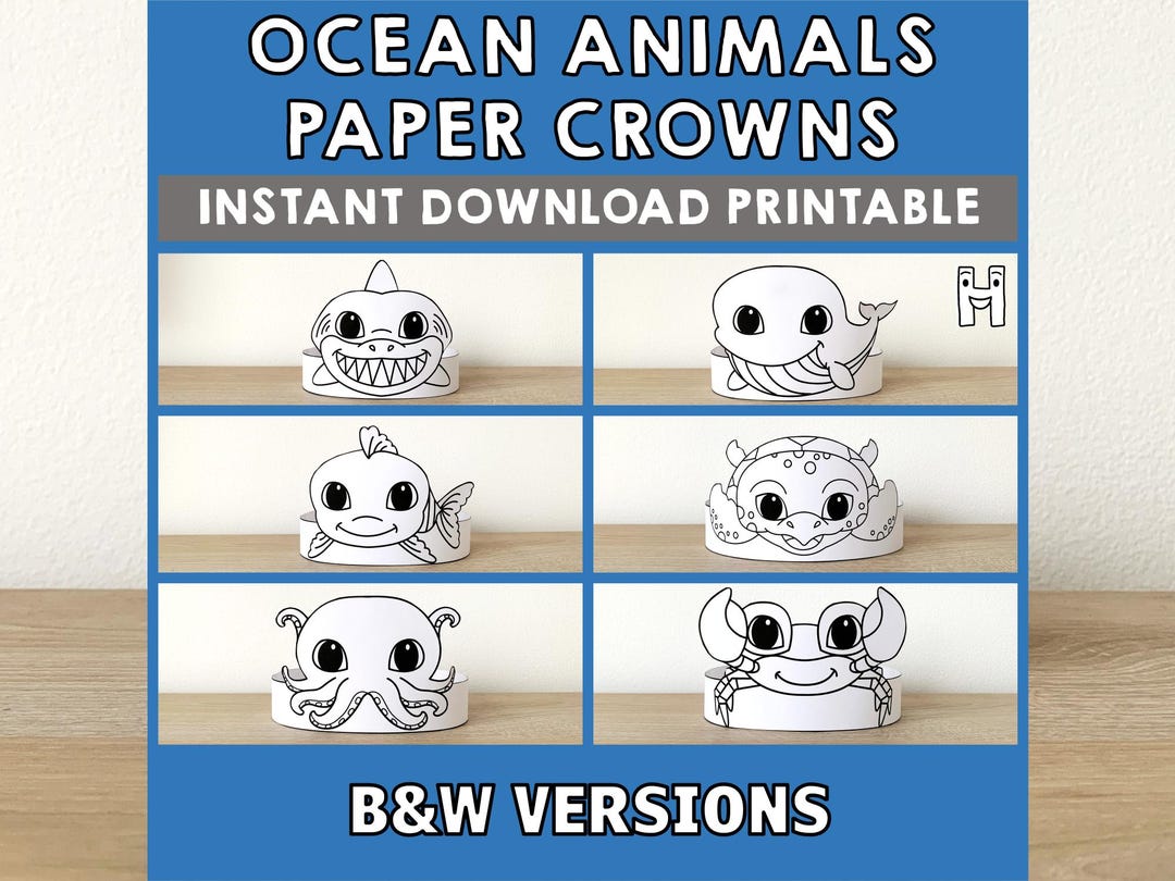 Ocean Animals Paper Crowns Shark Fish Octopus Whale Sea Turtle Crab ...