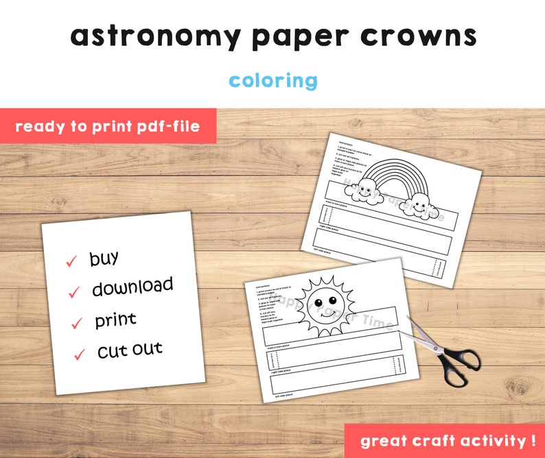 Astronomy Paper Crowns Coloring Sun Rainbow Moon Cloud | Etsy