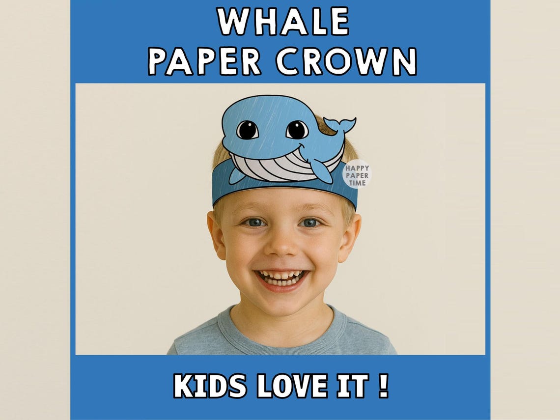Whale Paper Crown Party Coloring Printable Party Hat Kids Craft Ocean ...