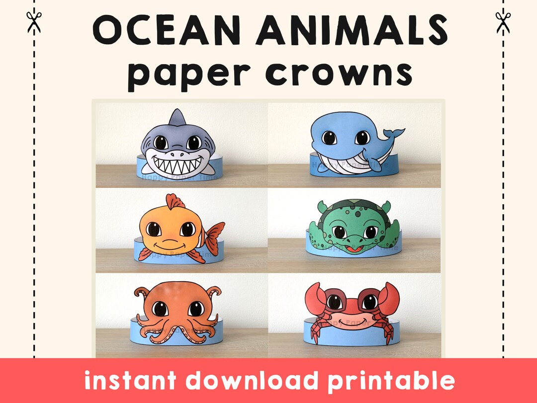 Ocean Animals Paper Crowns Shark Fish Octopus Whale Sea Turtle Crab ...