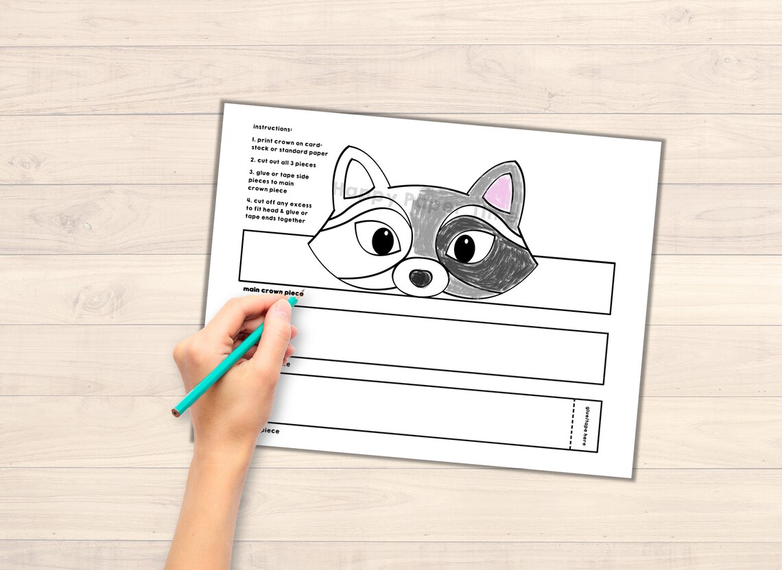 Raccoon Paper Crown Coloring Activity Printable Kids Craft | Etsy