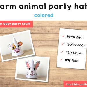 Farm Animal Party Hats Paper Printable Table Pig Horse Cow Rabbit Sheep ...