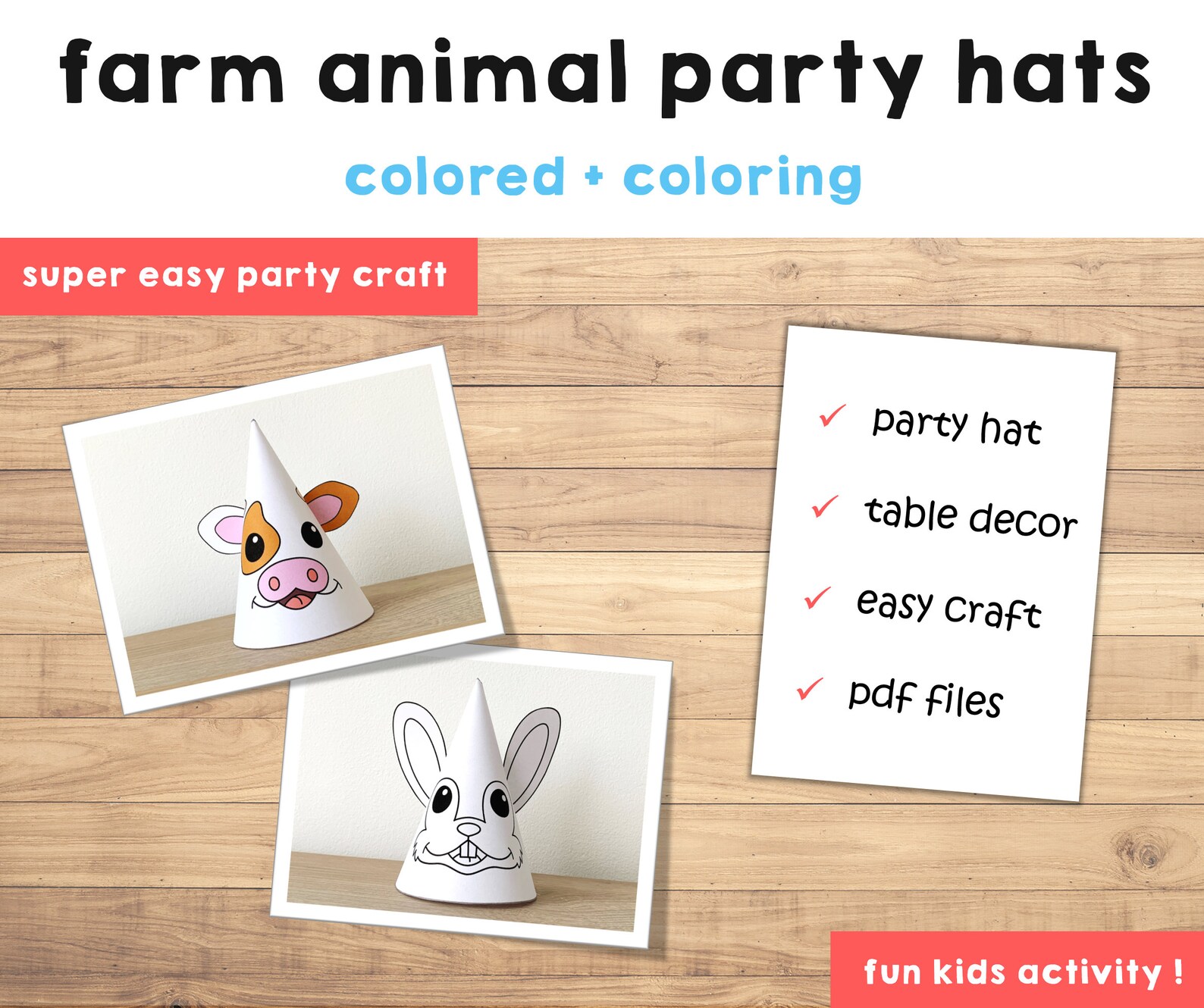 Farm Animal Party Hats Paper Printable Table Pig Horse Cow - Etsy