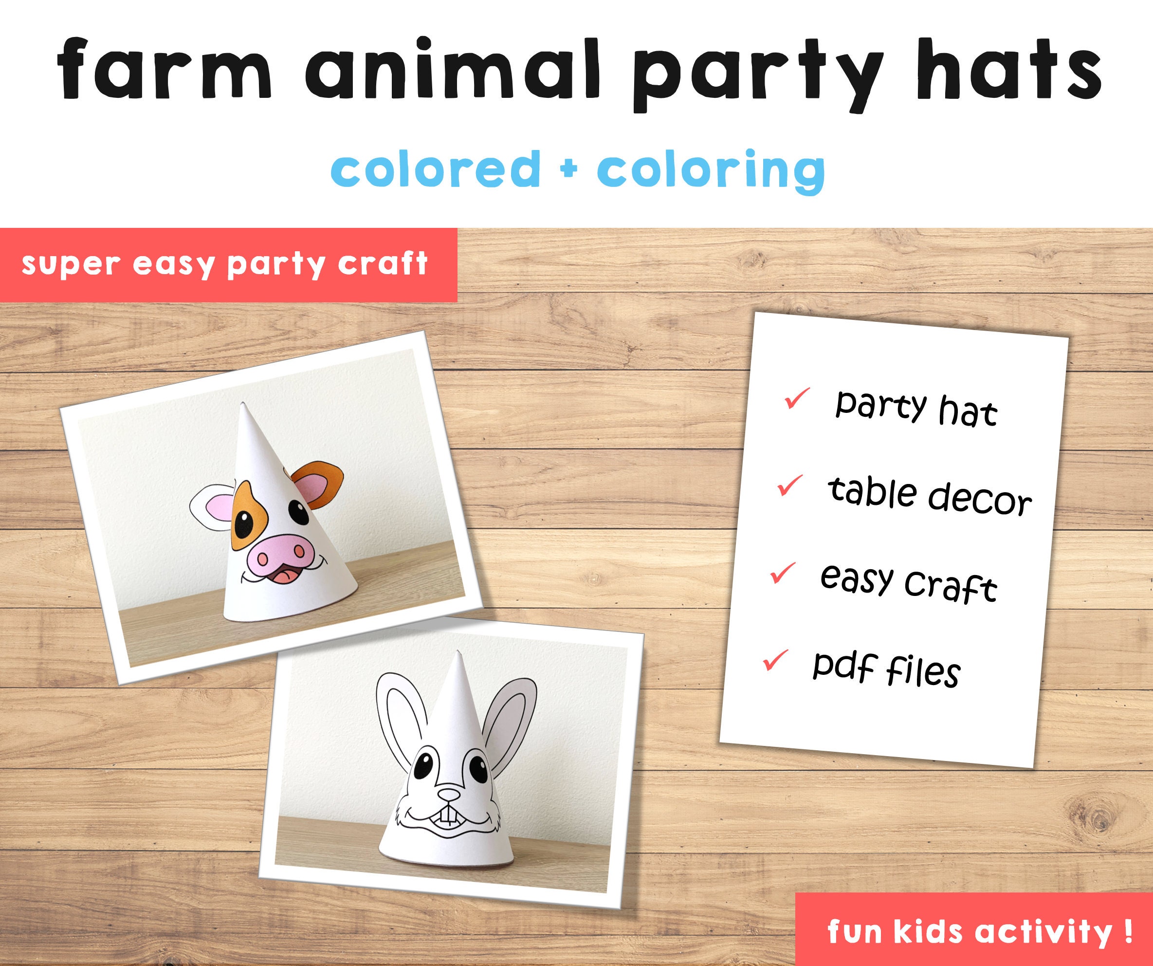 Farm Animal Party Hats Paper Printable Table Pig Horse Cow - Etsy