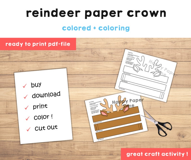 Reindeer Paper Crown Hat Christmas Winter Holiday Party Coloring ...