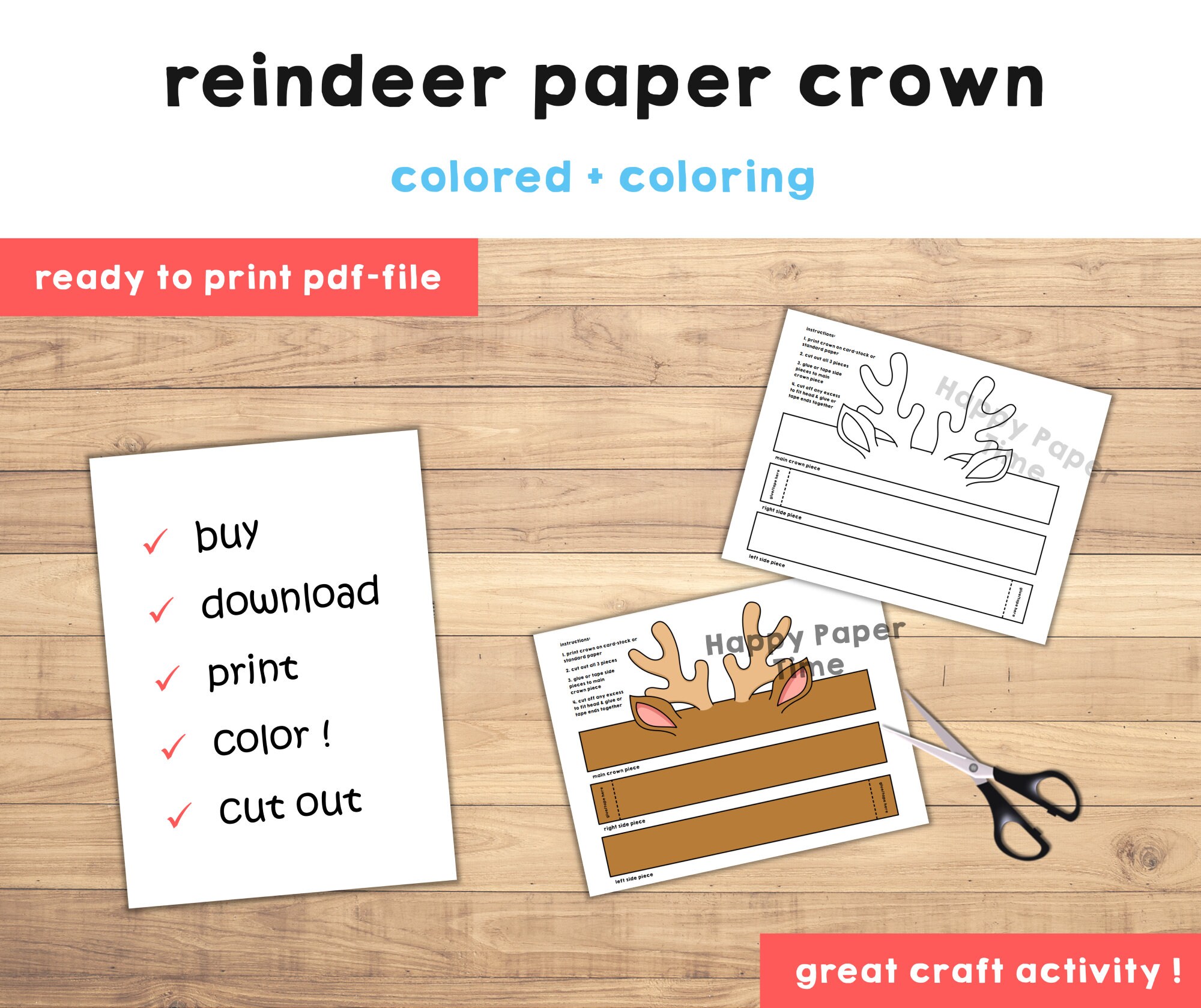 Reindeer Paper Crown Hat Christmas Winter Holiday Party Coloring ...