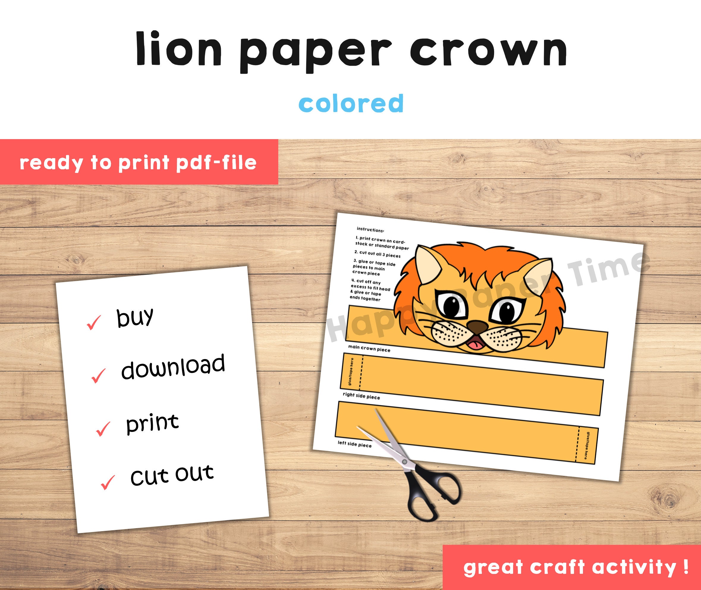 Lion Paper Crown Party Printable Kids Craft Lion Birthday Gift Favor ...