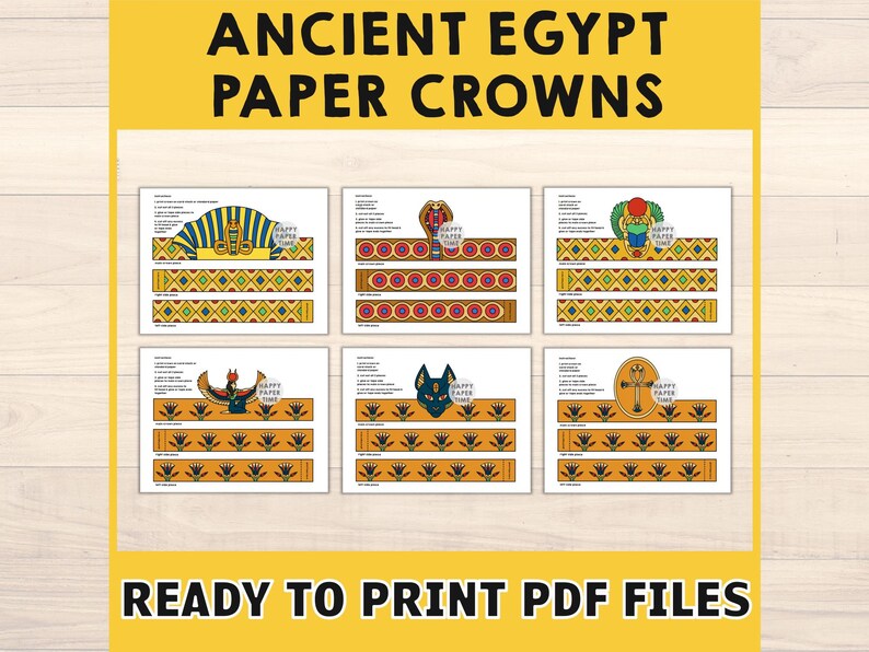 Ancient Egypt Paper Crowns Pharaoh Cobra Cleopatra Isis Scarab Cat Ankh ...