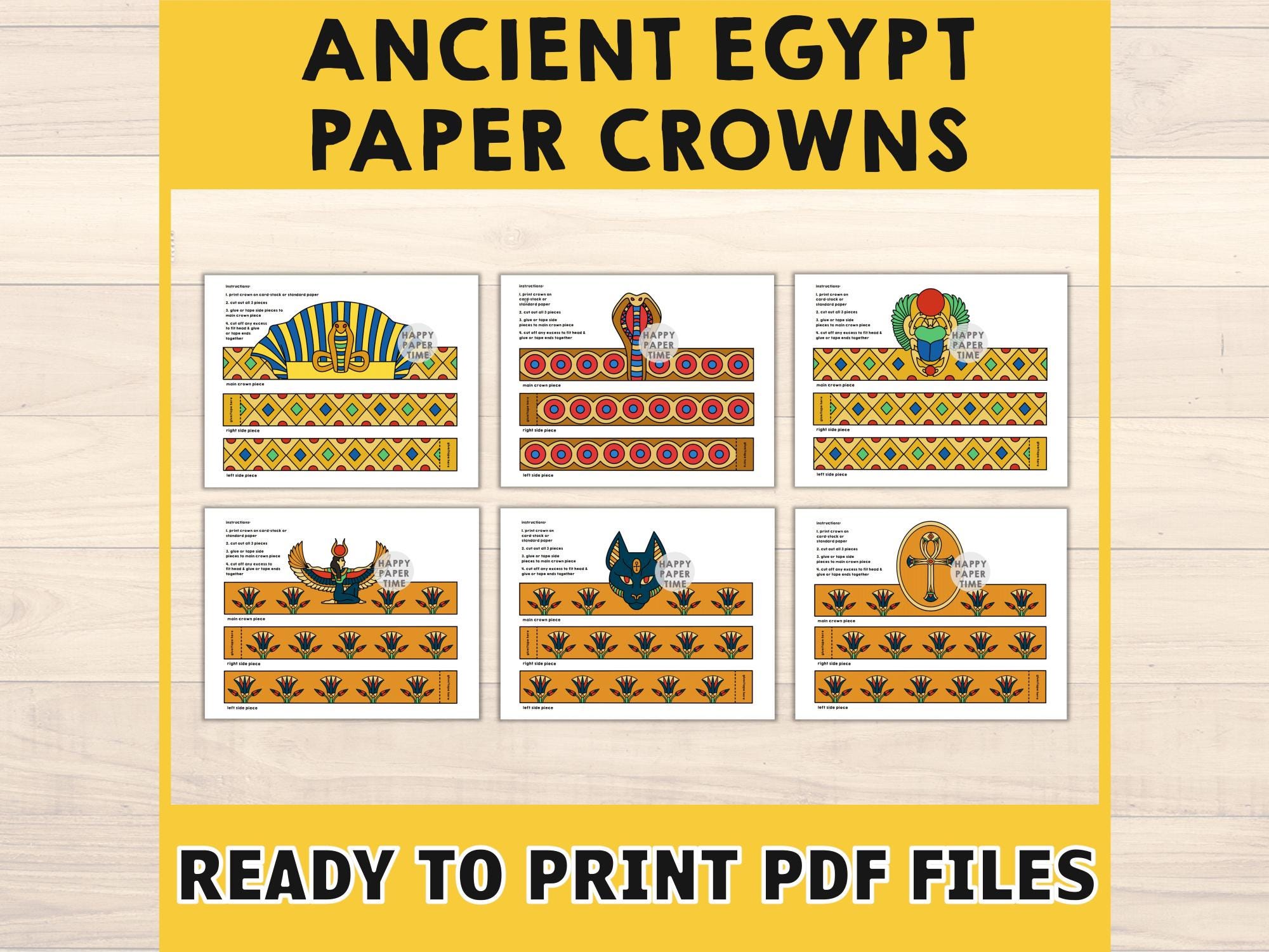 Ancient Egypt Paper Crowns Pharaoh Cobra Cleopatra Isis Scarab Cat Ankh ...