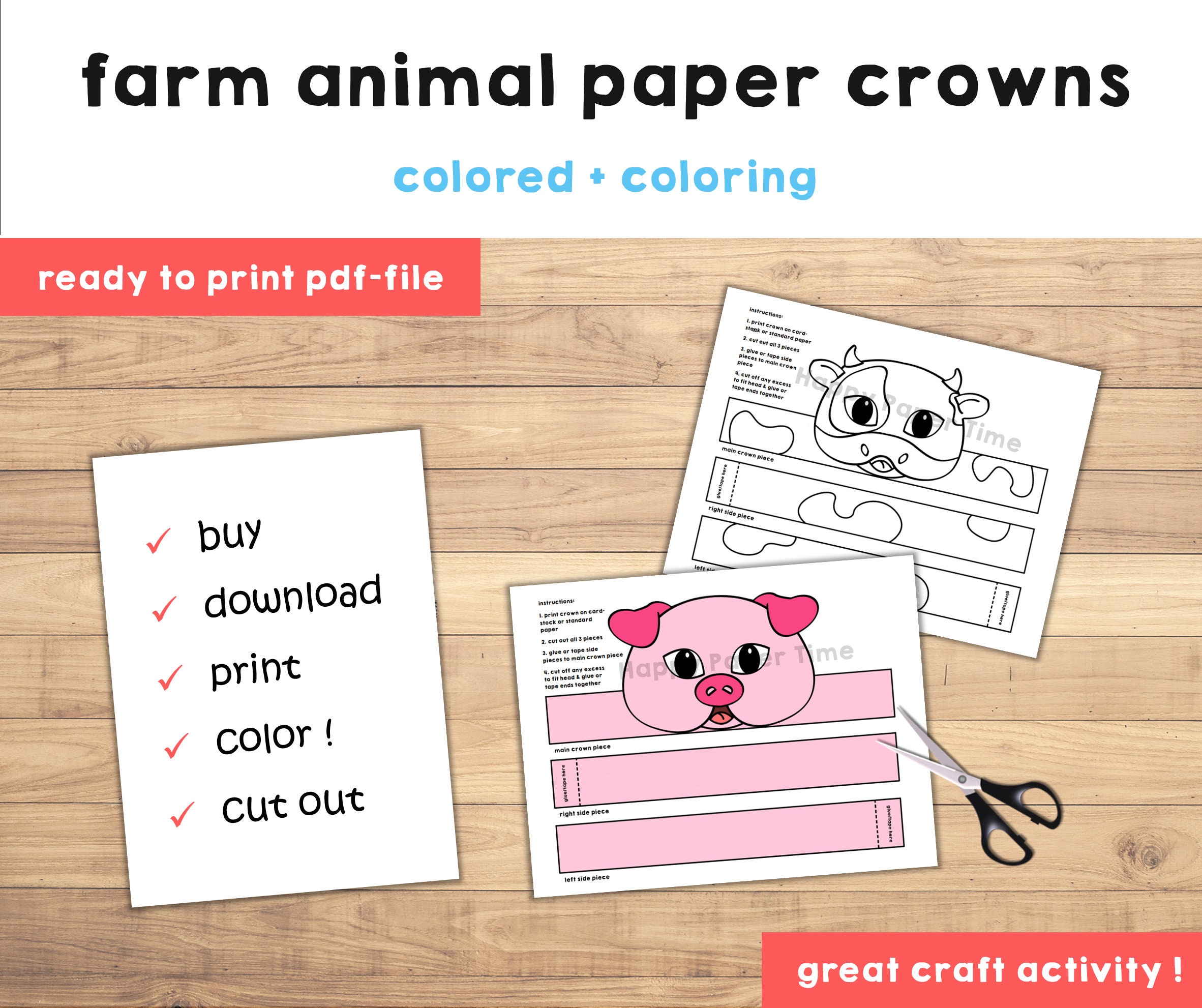 Farm Animals Paper Crowns Pig Pony Cow Rabbit Sheep Chicken Printable ...