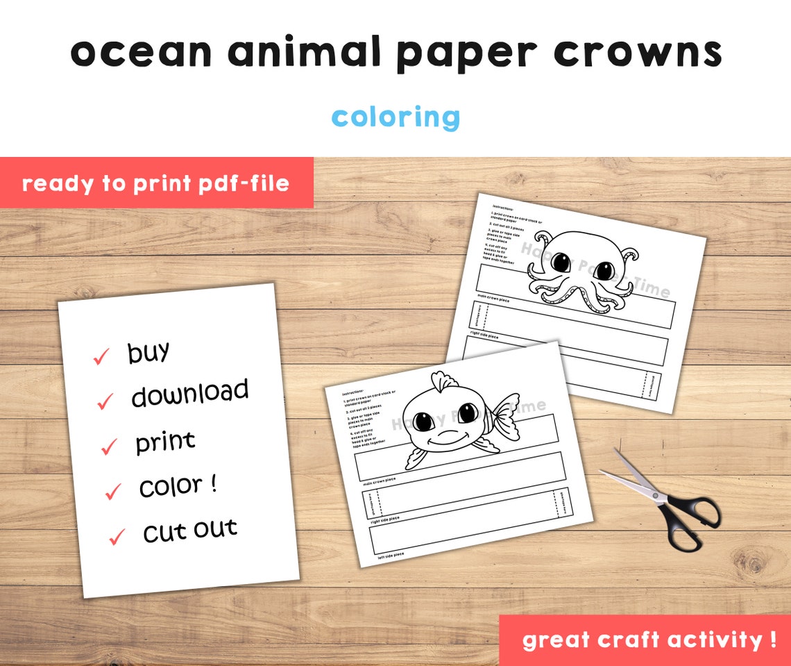 Ocean Animals Paper Crowns Shark Fish Octopus Whale Sea Turtle Crab ...