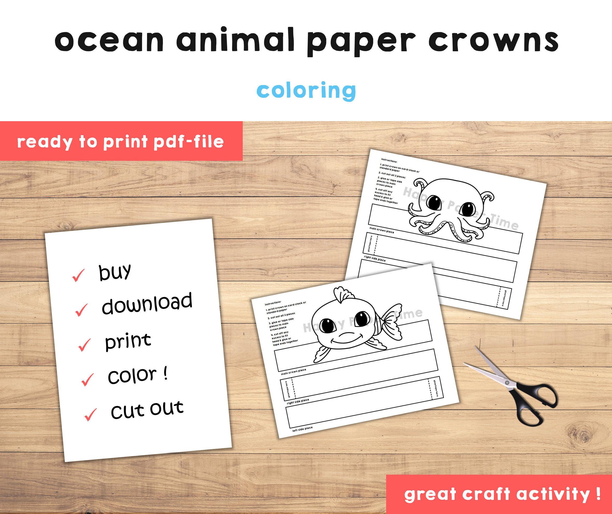 Ocean Animals Paper Crowns Shark Fish Octopus Whale Sea Turtle Crab ...