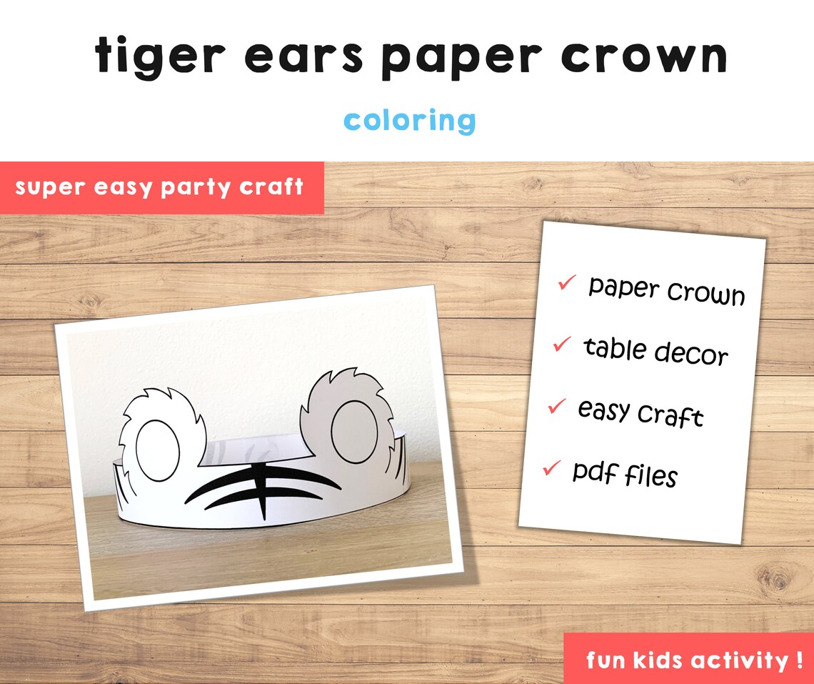 Tiger Ears Paper Crown Headband Party Coloring Printable Kids - Etsy