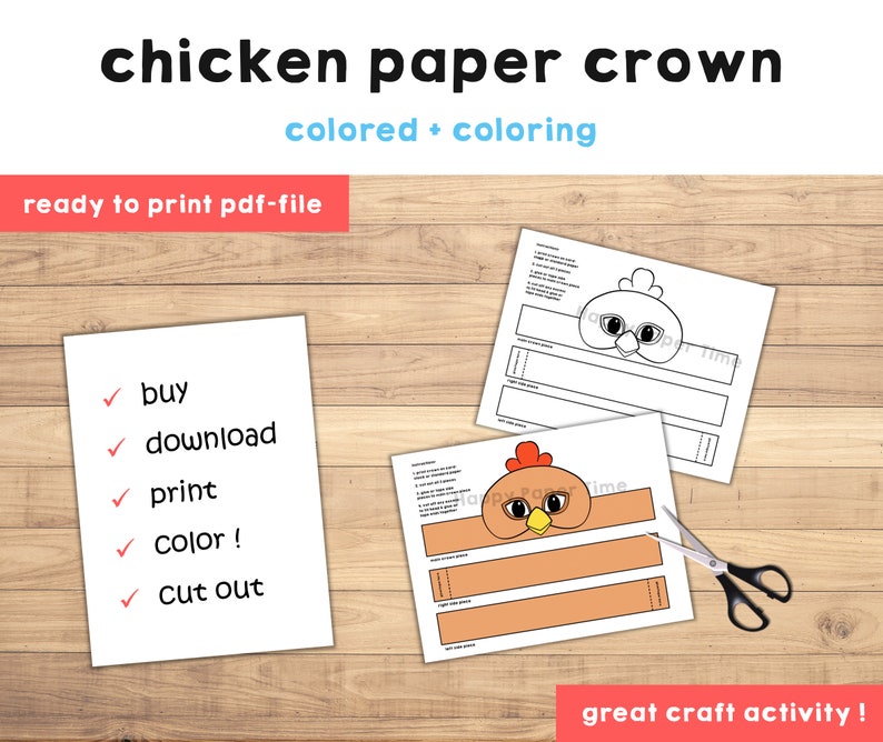 Chicken Paper Crown Coloring Activity Printable Kids Craft | Etsy