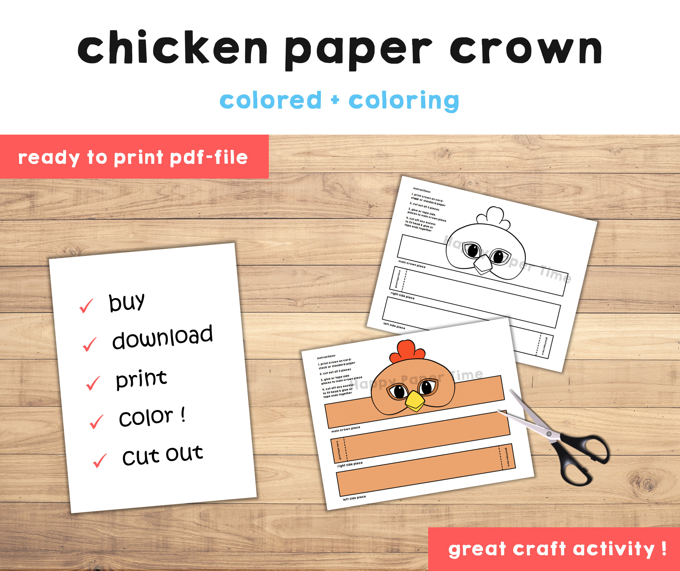 Chicken Paper Crown Coloring Activity Printable Kids Craft Farm Animal ...