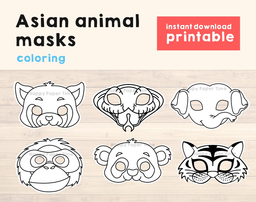 Asian Jungle Animal Masks Coloring Craft Activity for Kids, Printable ...