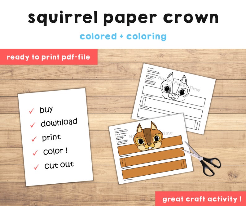 Squirrel Paper Crown Party Coloring Printable Kids Craft | Etsy