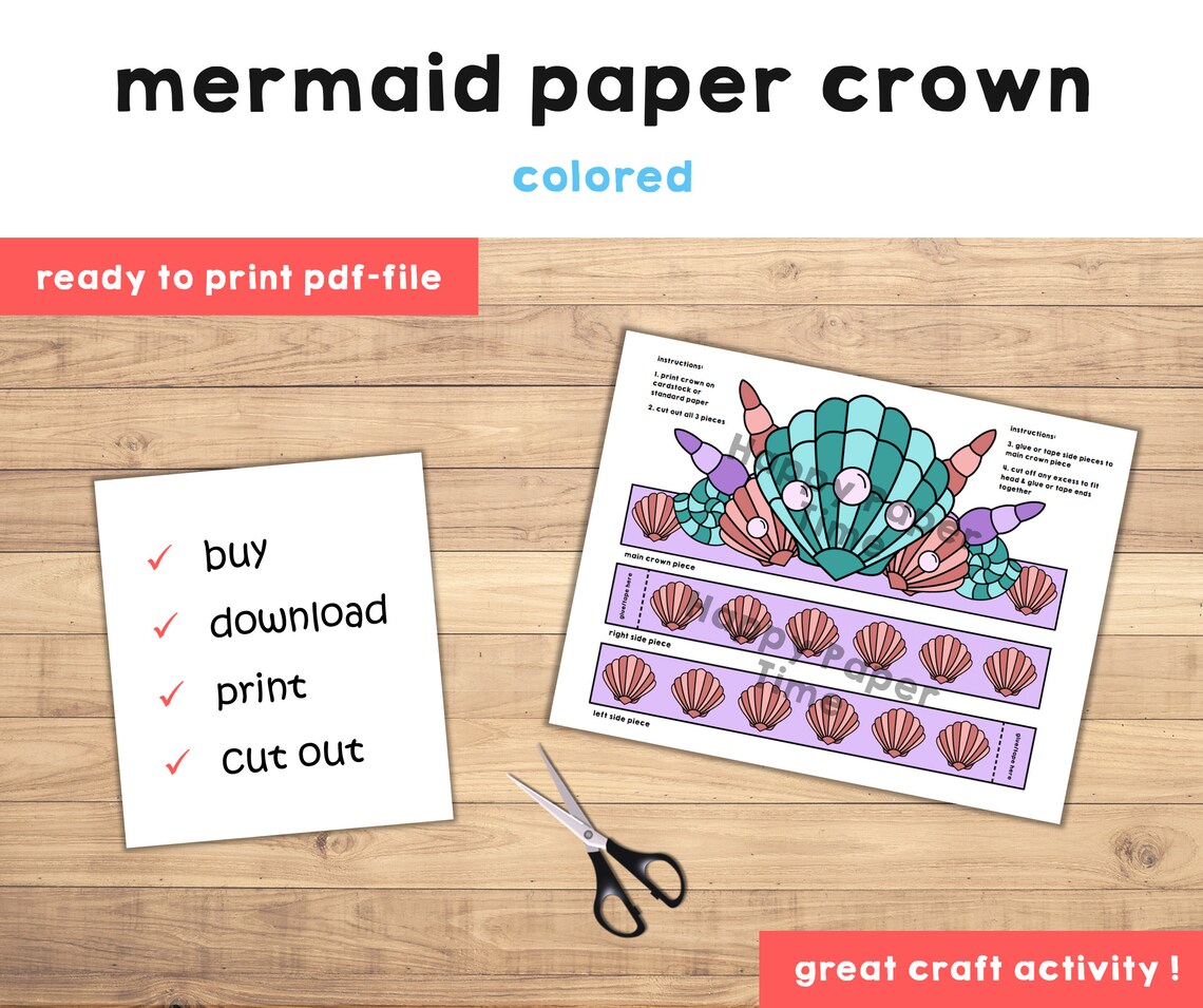 Mermaid Paper Crown Coloring Printable Kids Craft Mermaid | Etsy