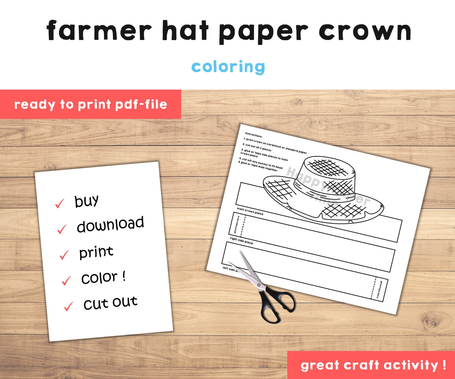 Farmer Straw Hat Gardener Paper Crown Party Coloring Printable - Etsy