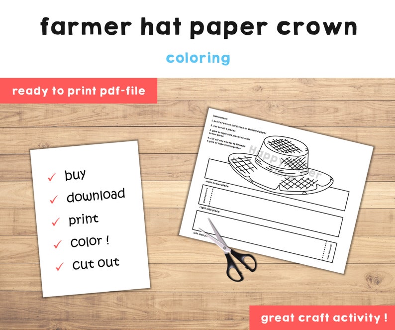 Farmer Straw Hat Gardener Paper Crown Party Coloring Printable - Etsy