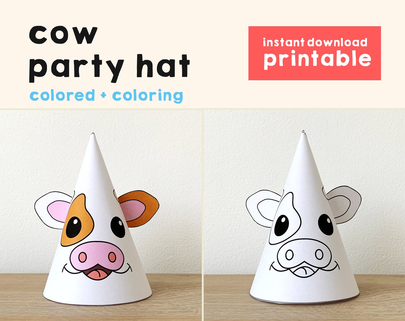 Cow Party Hat Paper Printable Template Print Out Farm Animal - Etsy