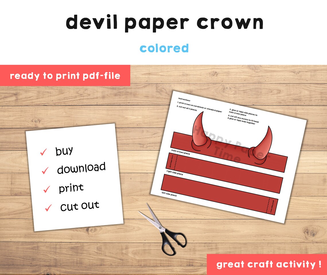 Devil horns Paper Crown Party Coloring Printable Kids Craft | Etsy