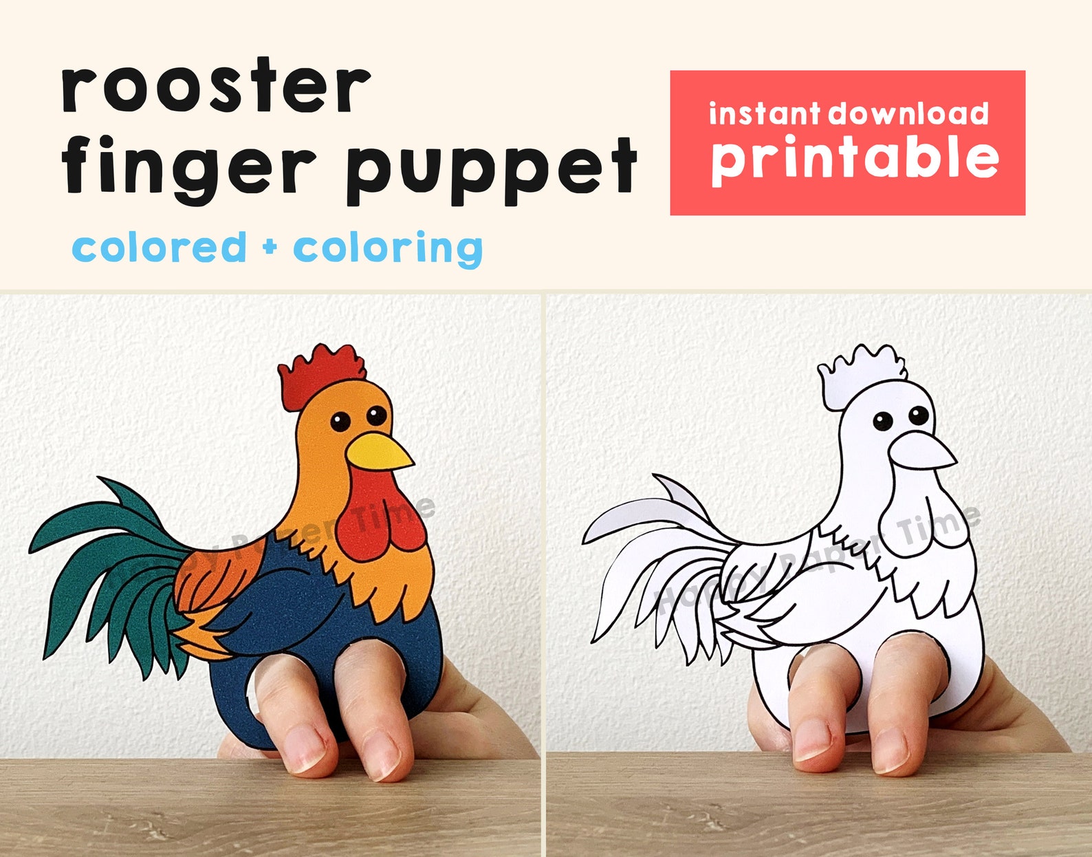 Rooster paper craft printable farm animal Finger Puppet Kids | Etsy