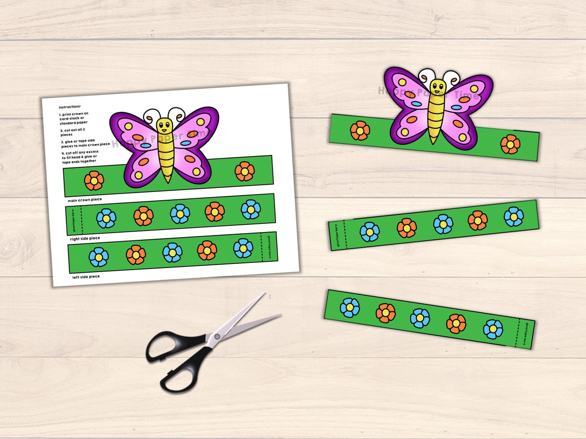 Butterfly Paper Crown Party Coloring Printable Kids Craft Cute - Etsy