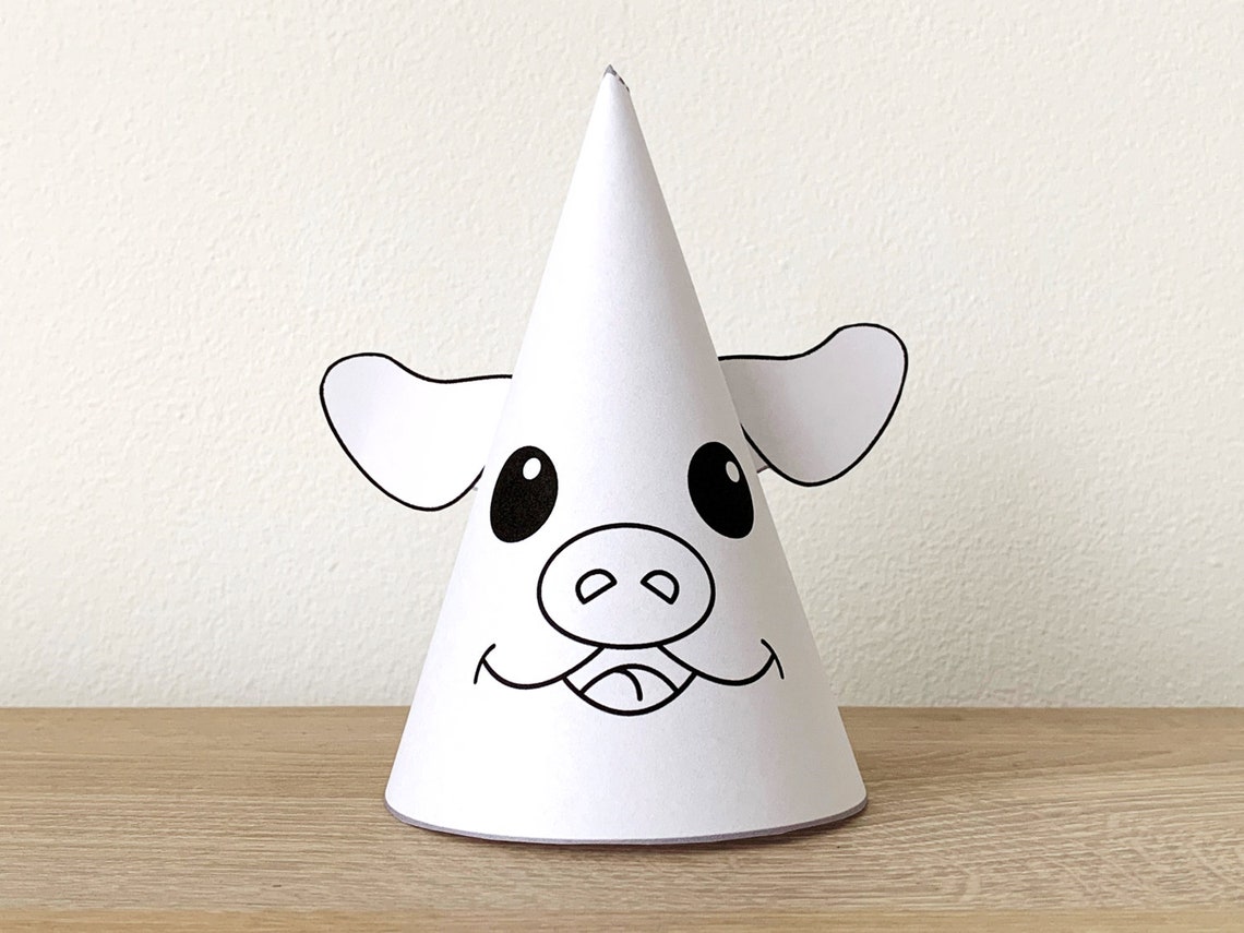 Pig party hat paper printable Template Print out Farm animal | Etsy