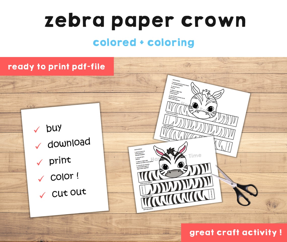 Zebra Paper Crown Party Coloring Printable Kids Craft African | Etsy