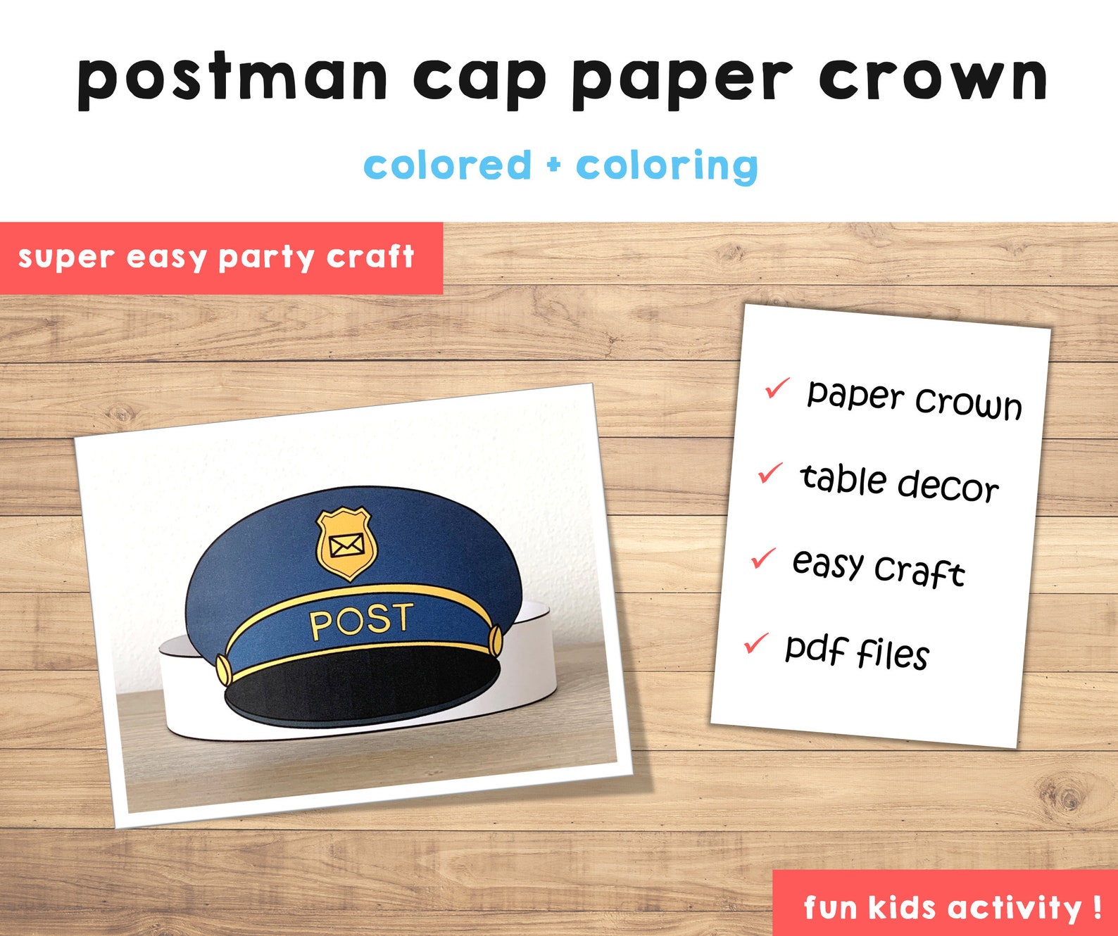 Postman Cap Hat Paper Crown Party Coloring Printable Kids | Etsy