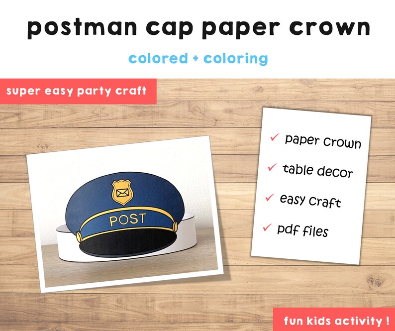 Postman Cap Hat Paper Crown Party Coloring Printable Kids | Etsy