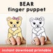 Bear Paper Craft Printable Woodland Animal Finger Puppet Kids - Etsy