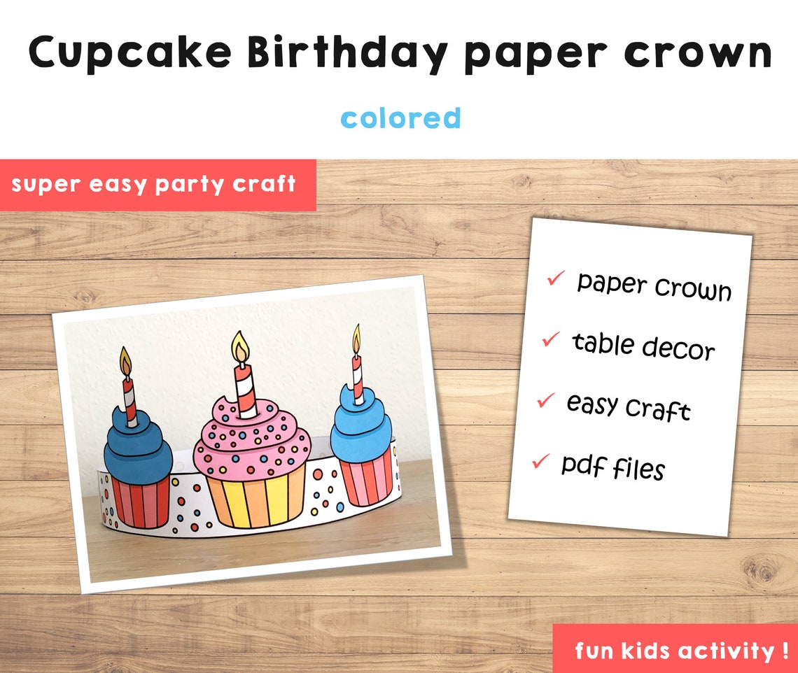 Birthday Cupcake Paper Crown Party Activity Printable Kids - Etsy