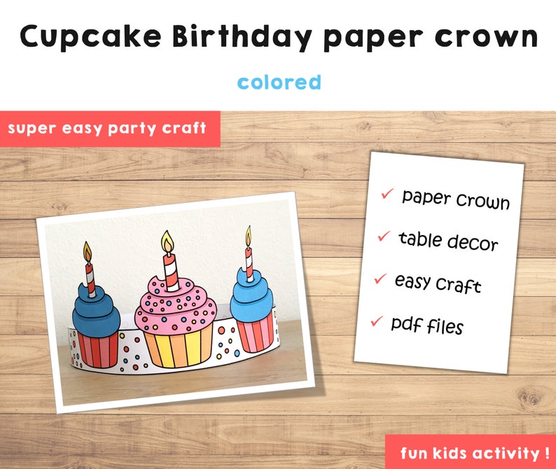 Birthday Cupcake Paper Crown Party Activity Printable Kids | Etsy
