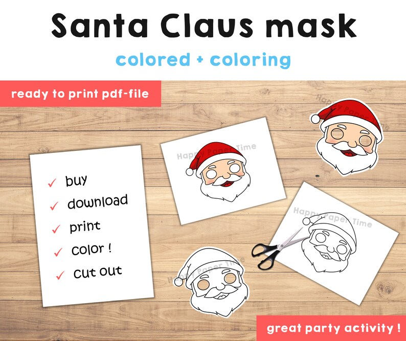 Santa Claus Mask Paper Christmas Costume Printable Craft Party Favor ...