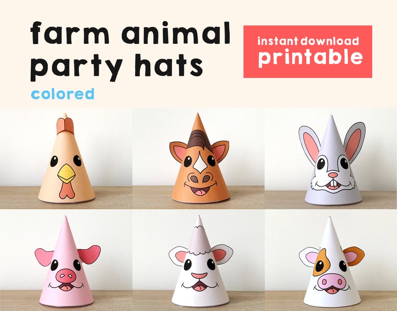 Farm Animal Party Hats Paper Printable Table Pig Horse Cow - Etsy