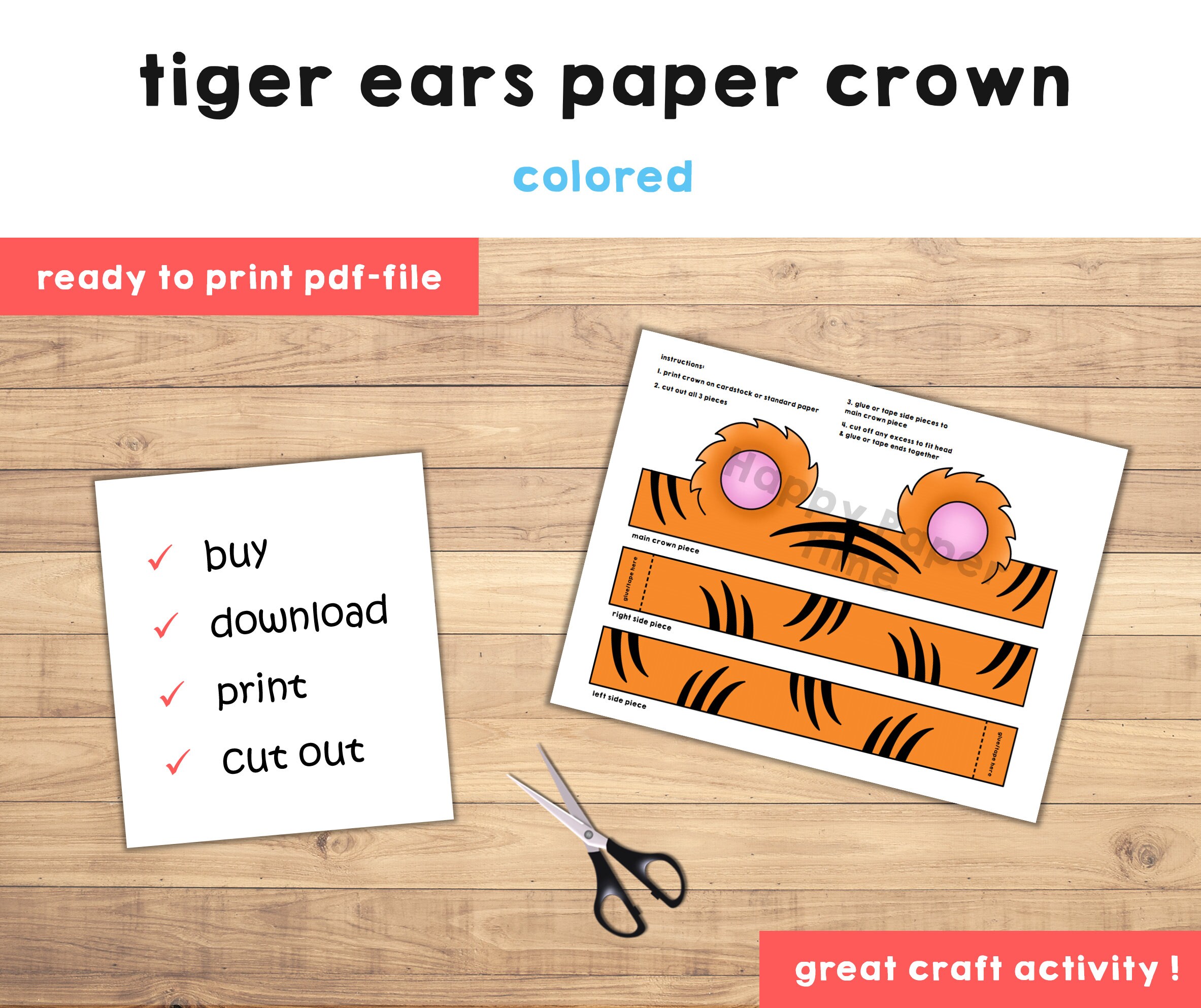 Tiger Ears Paper Crown Headband Party Coloring Printable Kids | Etsy