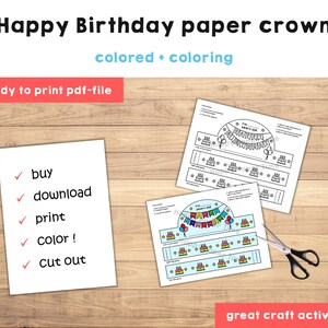 Happy Birthday Paper Crown Party Activity Printable Kids Coloring Craft ...