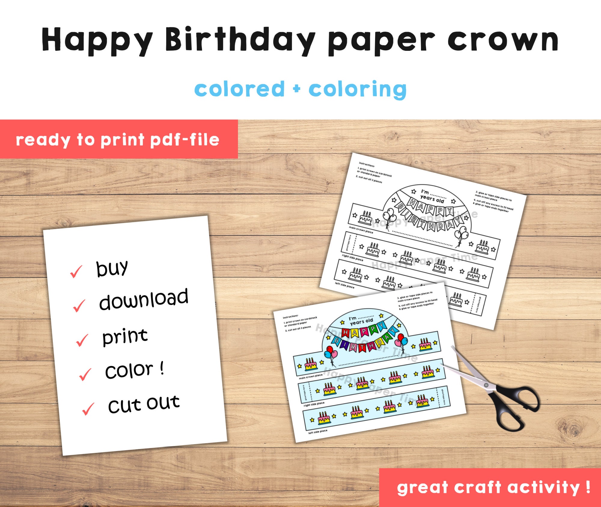 Happy Birthday Paper Crown Party Activity Printable Kids - Etsy