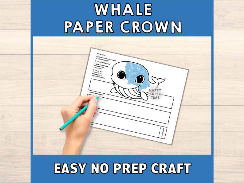 Whale Paper Crown Party Coloring Printable Party Hat Kids Craft Ocean ...