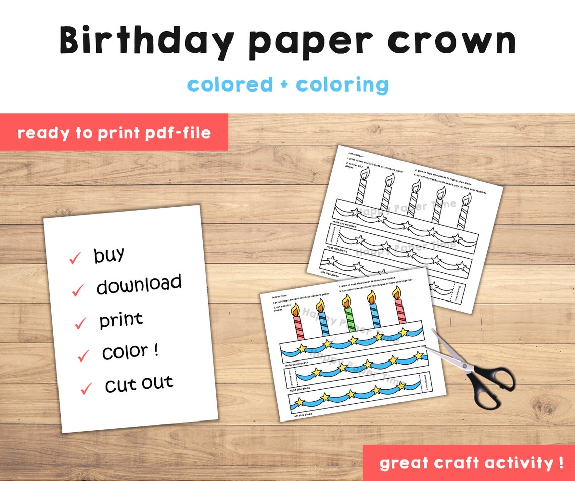 Birthday Paper Crown Party Coloring Printable Kids Craft Cake | Etsy