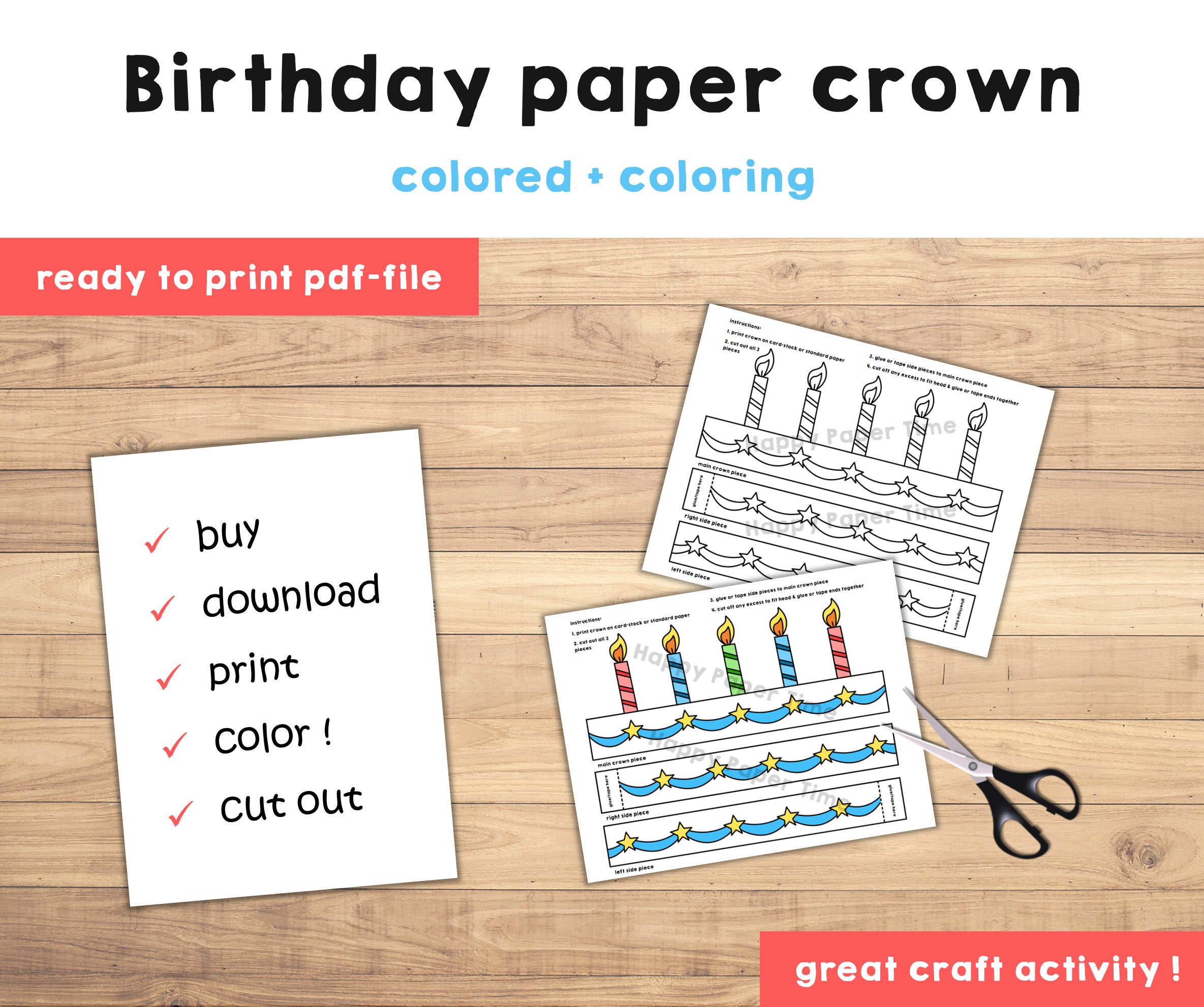Birthday Paper Crown Party Coloring Printable Kids Craft Cake - Etsy
