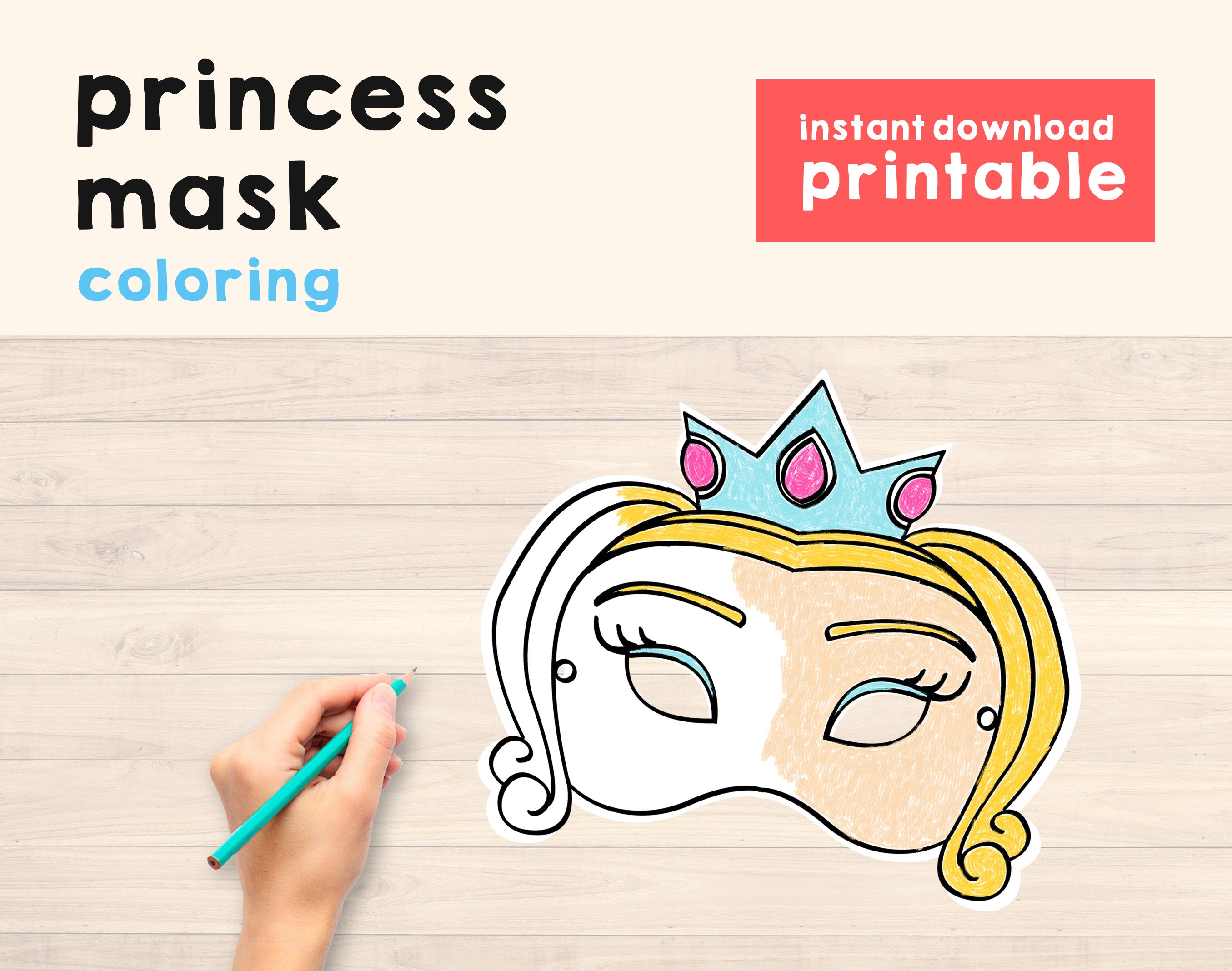 Princess Mask Printable coloring Princess Party Favor Princess | Etsy