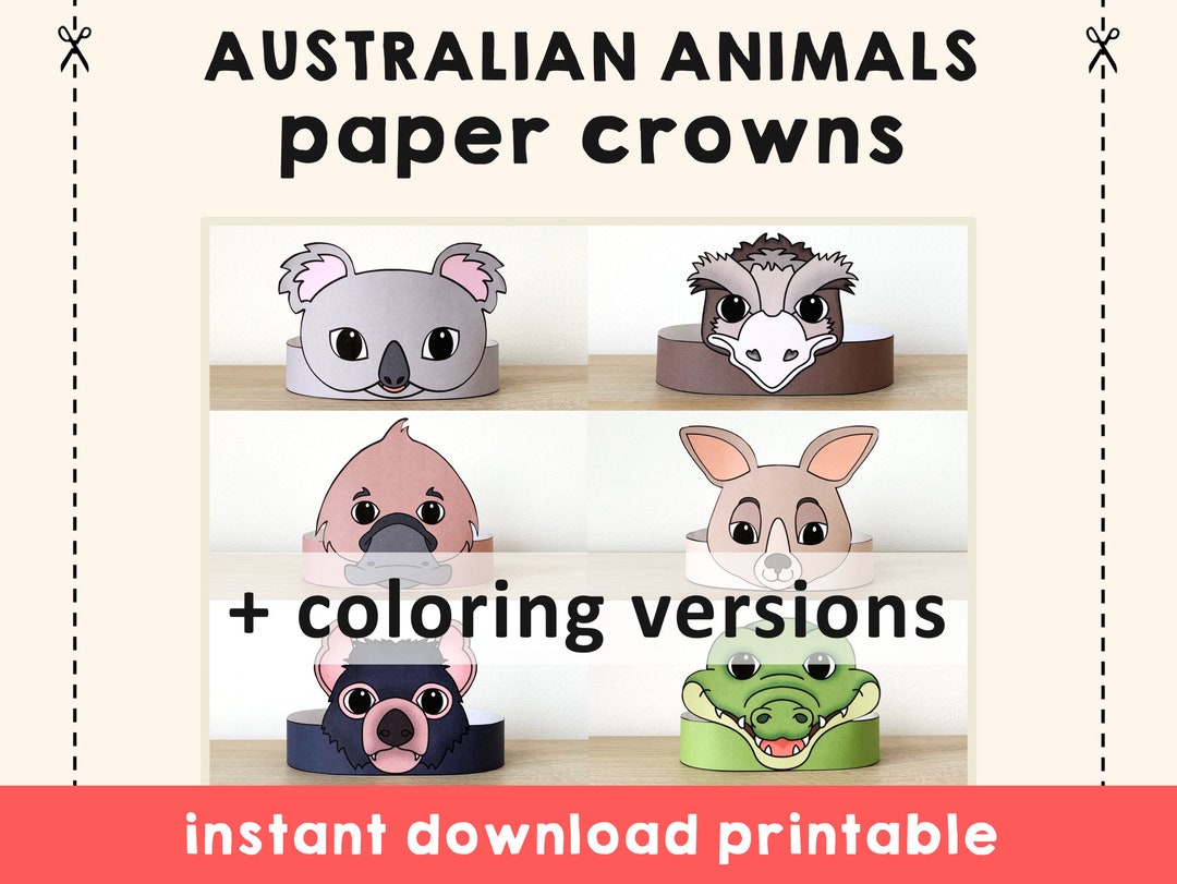Australian Animal Paper Crowns Safari Koala Kangaroo Crocodile Emu ...