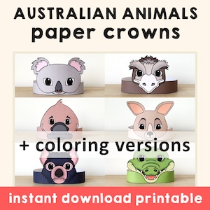 Australian Animal Paper Crowns Safari Koala Kangaroo Crocodile Emu ...