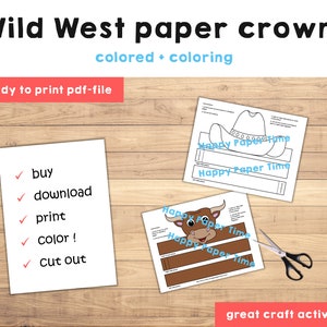 Wild West Paper Crown Coloring Headband Cowboy Sheriff Cowgirl Party ...