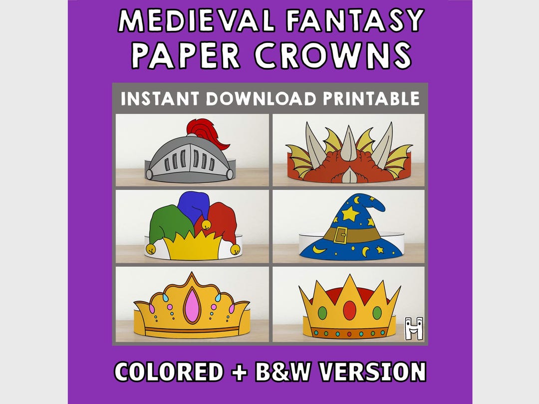 Medieval Fantasy Paper Crown Coloring Headband Knight Dragon Princess ...